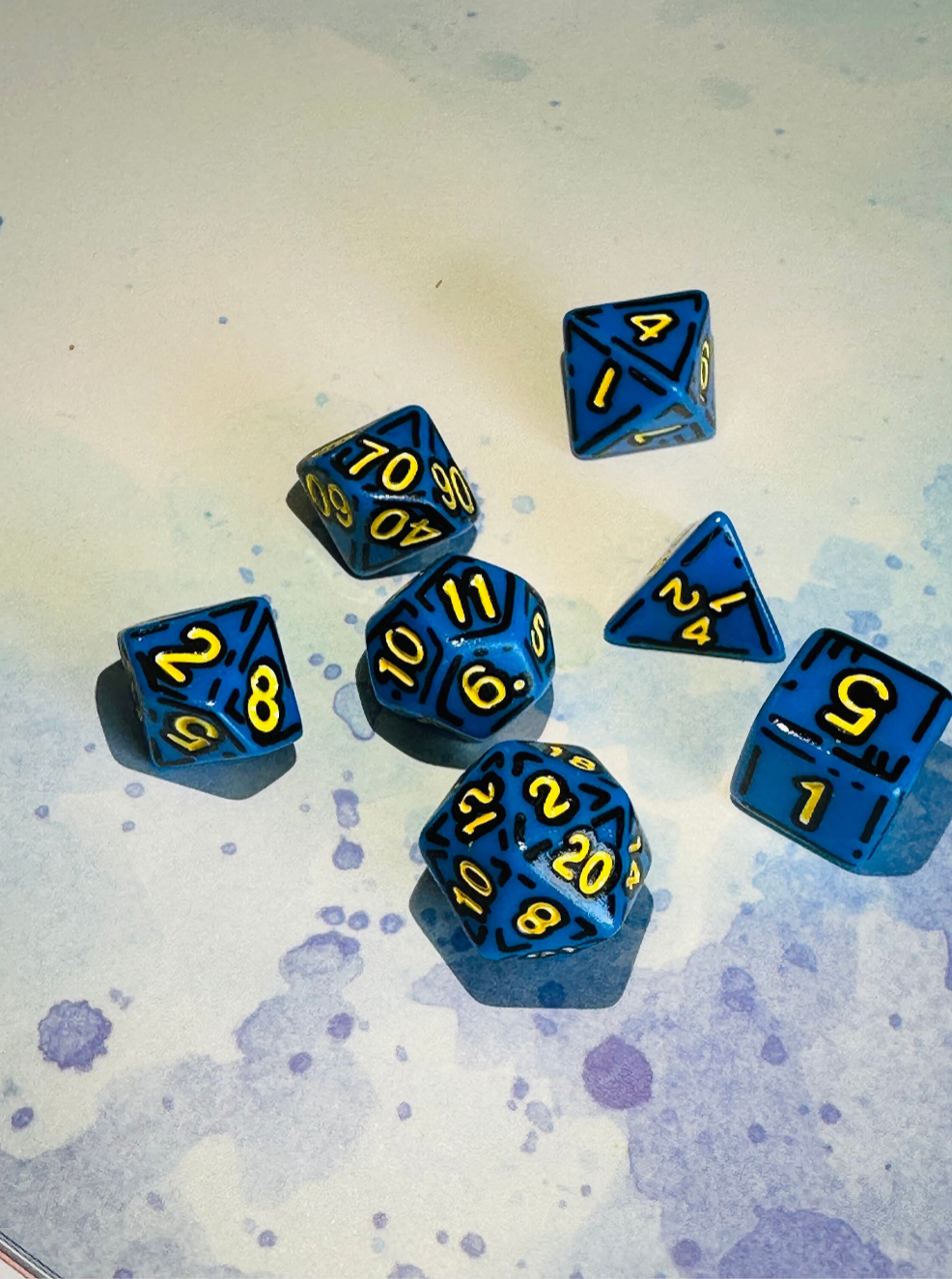 Blue and Yellow (7) Cel-Shaded Acrylic DnD Dice Set – Polygons and Peril